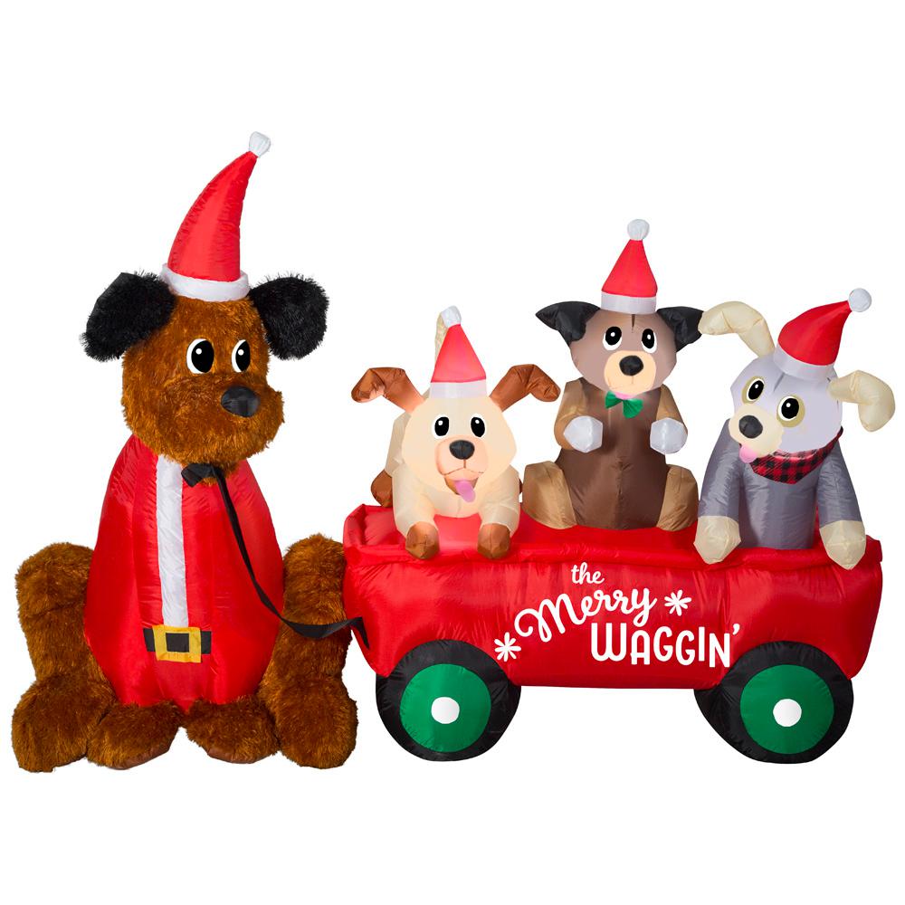 7 ft. W Pre-Lit Life Size Inflatable Wagon with Christmas Puppies Scene ...