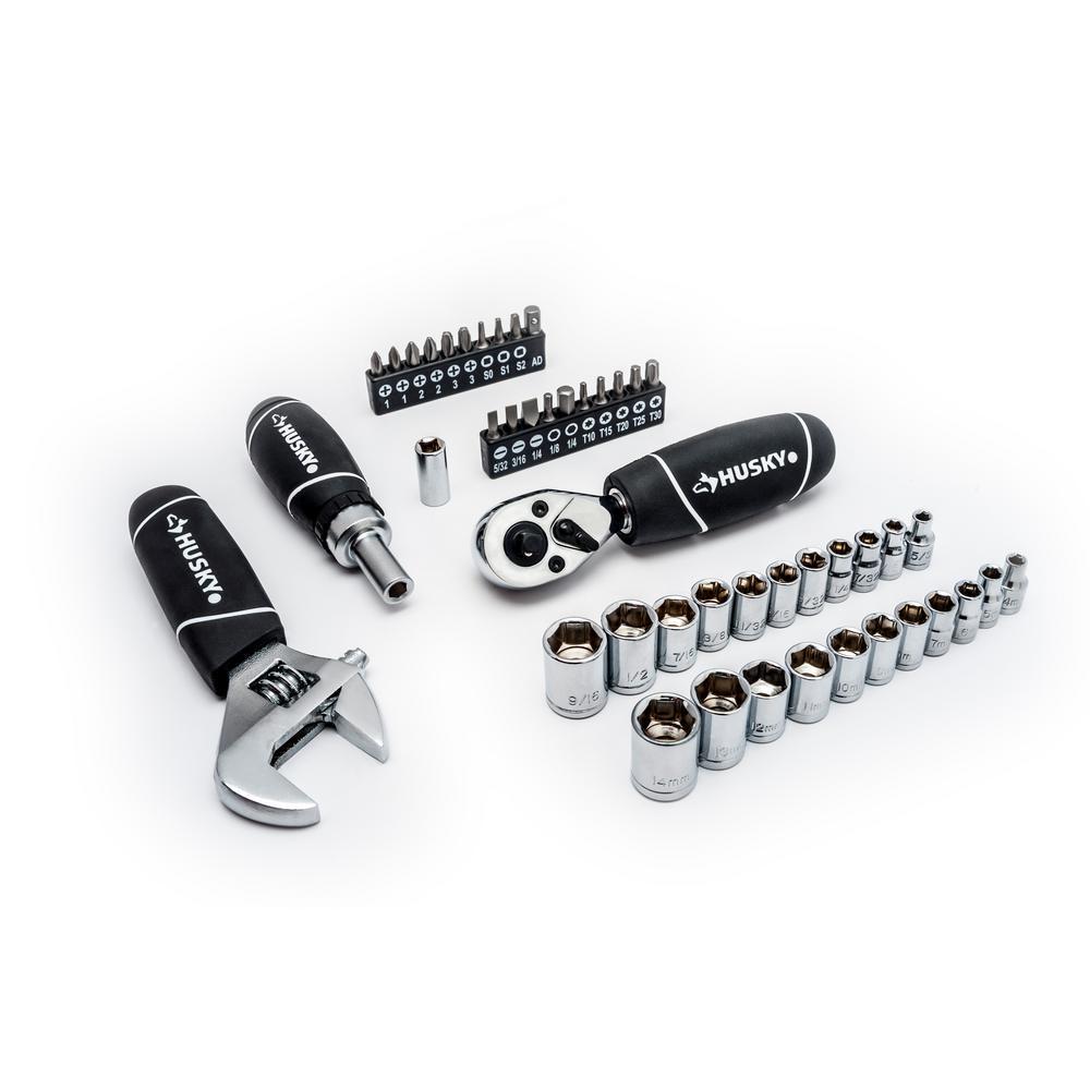 Husky 1/4 in. and 3/8 in. Stubby Ratchet and Socket Set (46-Piece ...