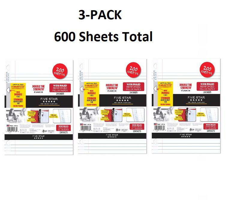 3-Pack Five Star 200ct Wide Ruled Filler Paper (600 Sheets Total ...