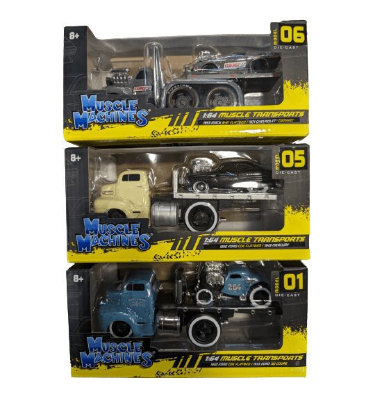 3-PACK Muscle Machines 1:64 Muscle Transports Flatbeds with Hotrods ...