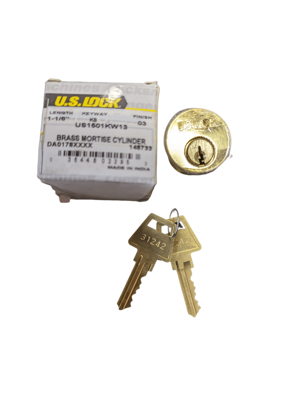 3-PACK US Lock 1-1/8" KS Keyway Brass Mortise Cylinder US1501KW13 ...