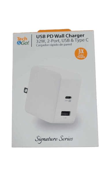 Tech&Go USB PD 32w 2-Port Wall Charger in White with USB + Type C Ports ...