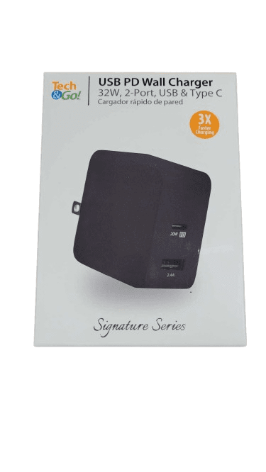 Tech&Go USB PD 32w 2-Port Wall Charger in Black with USB + Type C Ports ...