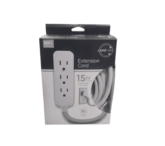 Cordinate 3-Outlet 15FT Grounded Extension Cord - Gray/White